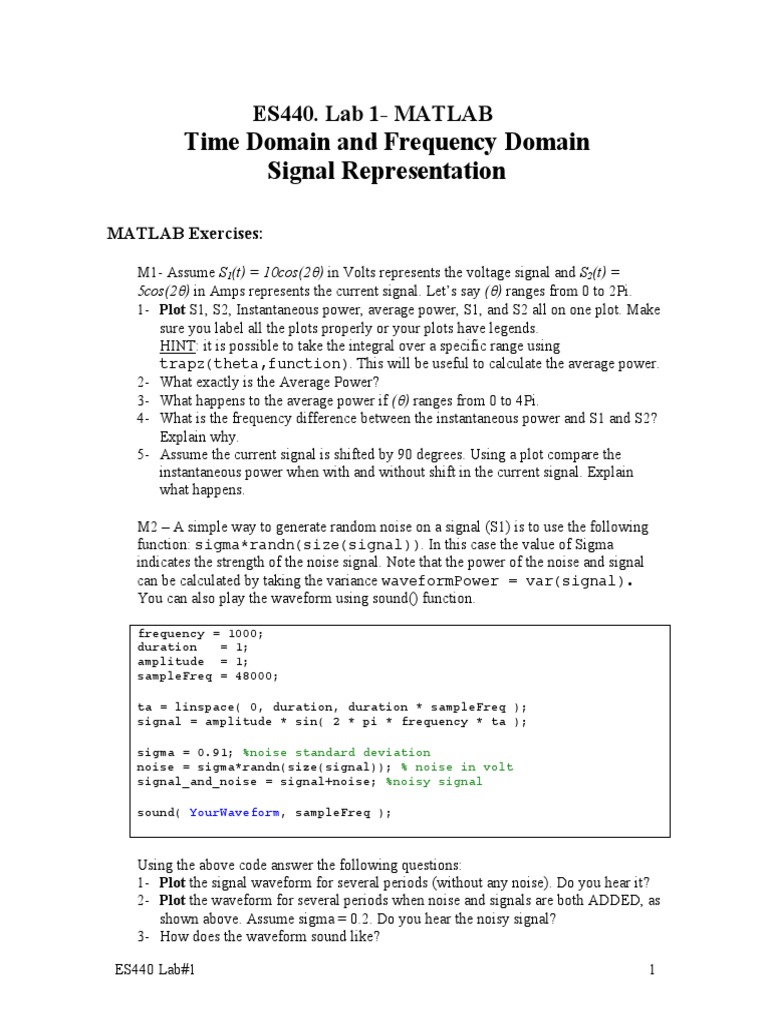 Time Domain and Frequency Domain Signal Representation: ES440. Lab 1 ...