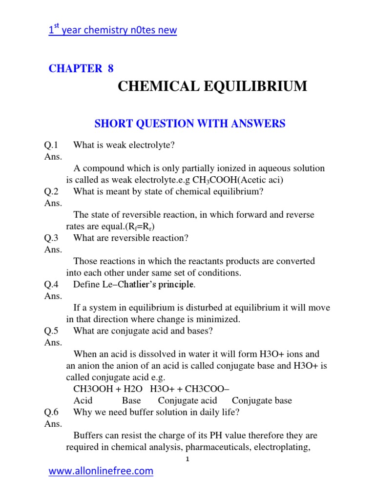 152219490 Chapter 8 Chemical Equilibrium Short Question With Answers ...