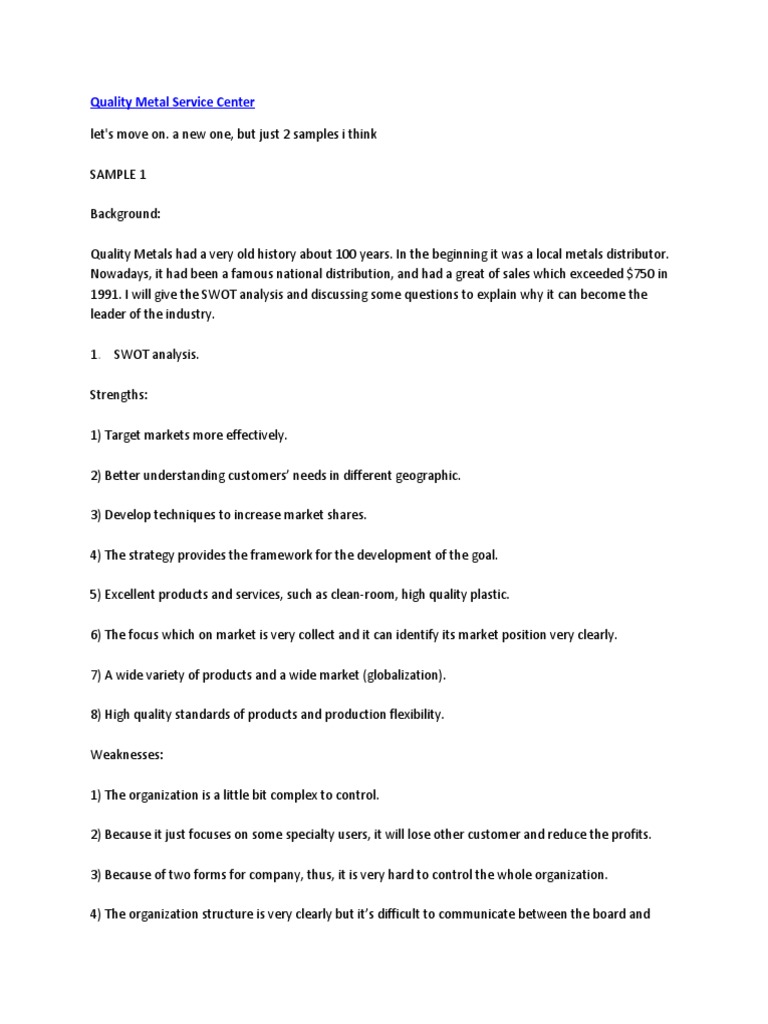 Quality Metal Service Center | PDF | Profit (Accounting) | Strategic ...