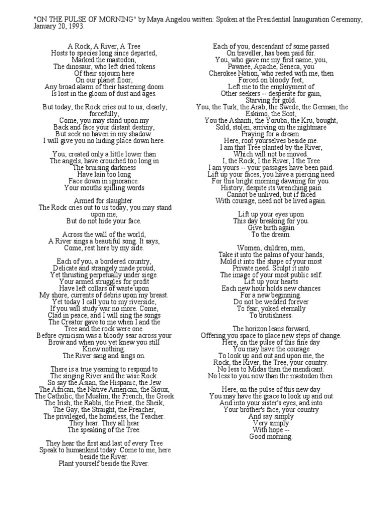 ON THE PULSE OF MORNING by Maya Angelou | PDF | Poetry