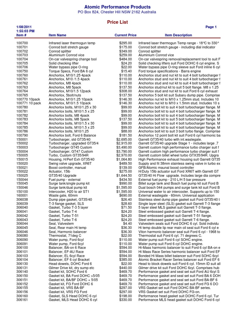 Atomic Engine Price List AUG2011 | PDF | Cylinder (Engine) | Propulsion
