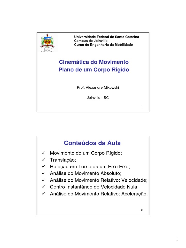 Unidade - 2.1 - Cinemática Do Movimento Do Plano de Um Corpo Rígido ...
