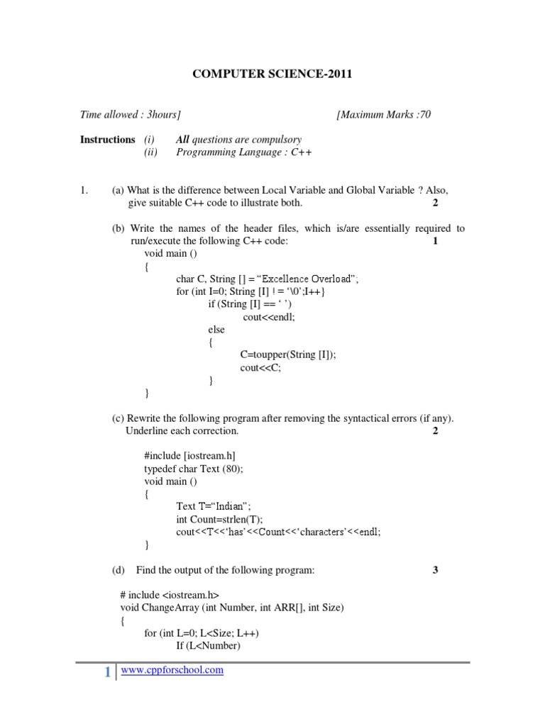 Cbse Question Paper Computer Science 2011 | PDF | Subroutine | Integer (Computer Science)
