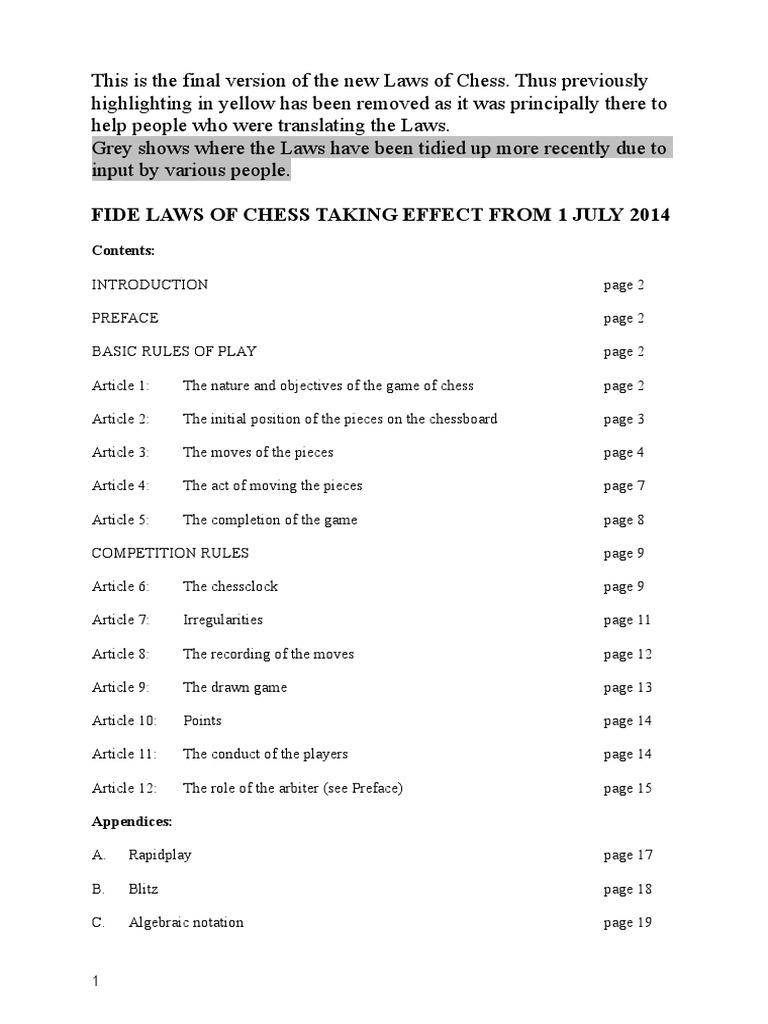 Fide Laws of Chess Taking Effect From 1 July 2014: Contents | PDF | Abstract Strategy Games | Chess