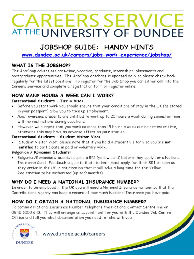 Jobshop Guide: Handy Hints: WWW - Dundee.ac - Uk/careers/jobs-Work ...