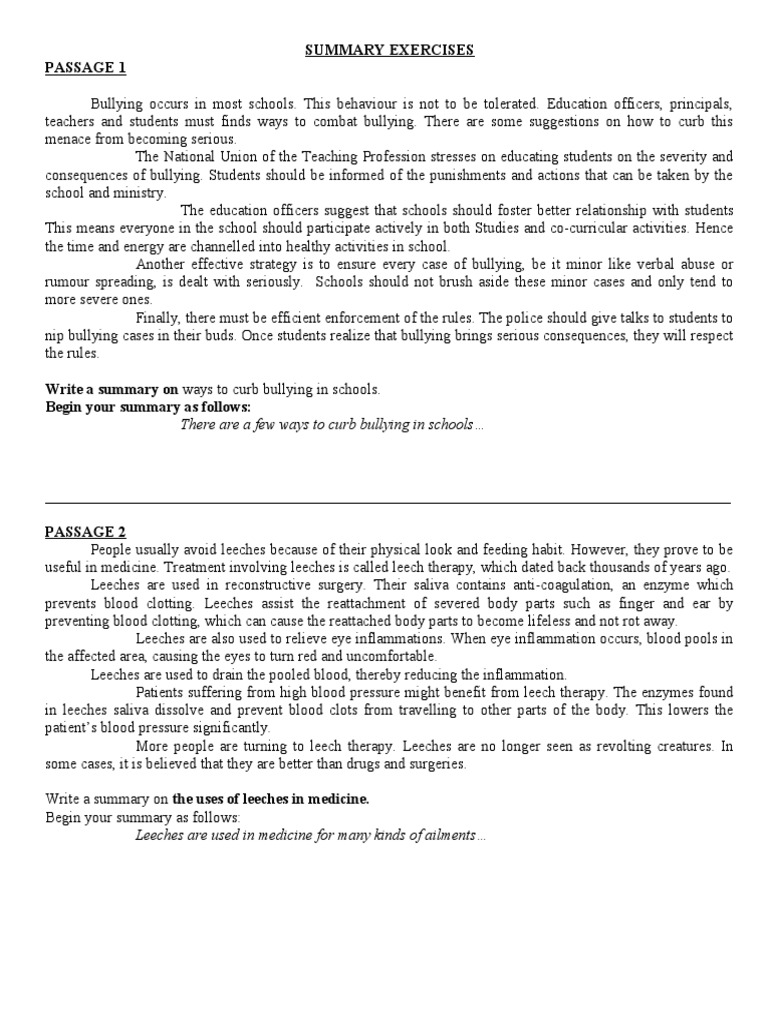 Summary Exercises Passage 1: There Are A Few Ways To Curb Bullying in ...