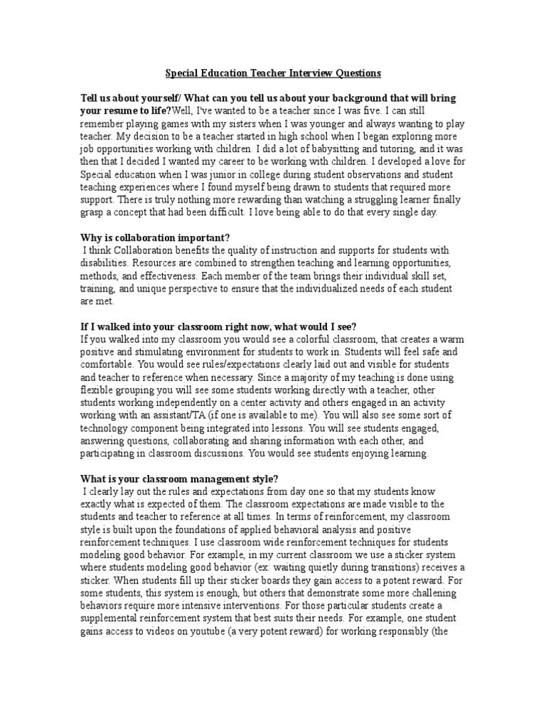 Special Education Teacher Interview Questions! | PDF | Differentiated ...