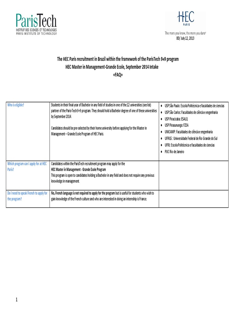 HEC Paris Master in Management Brazil 2014 | PDF | Internship | Job Hunting