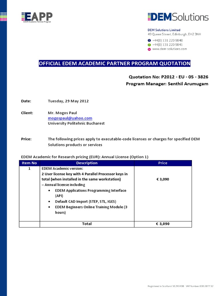 Official Edem Academic Partner Program Quotation: Quotation No: P2012 ...