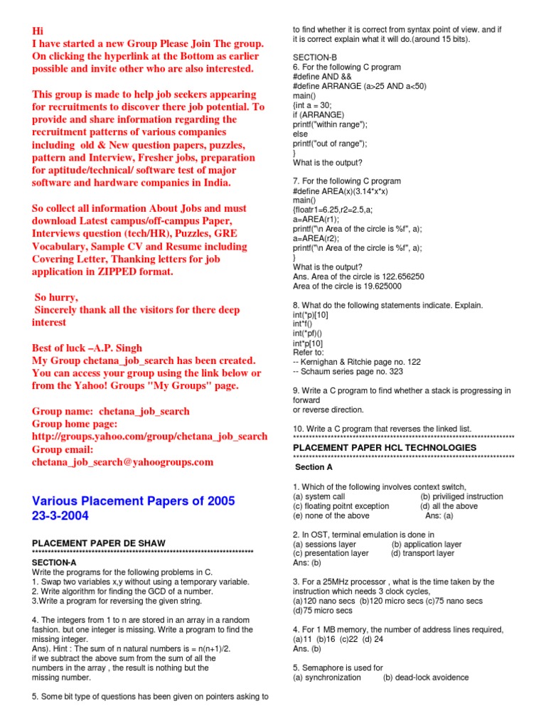 2005 Placement Papers | PDF | C (Programming Language) | Subroutine
