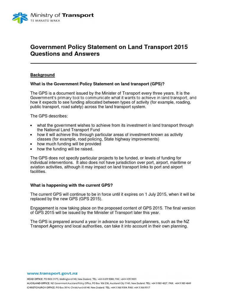 Government Policy Statement On Land Transport 2015 Questions and ...