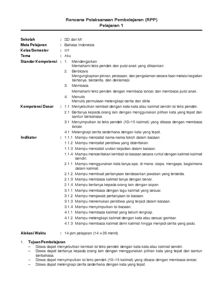 RPP Bahasa Indonesia Kelas 2 Pel 01 | PDF | Seni & Disiplin Bahasa