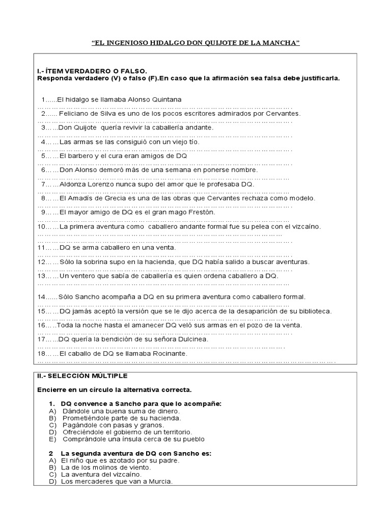 Preguntas sobre Don Quijote de la Mancha | PDF | Don Quijote | Ocio