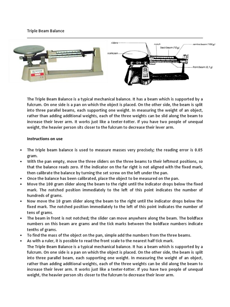 Triple Beam Balance Chem 111 | PDF | Weighing Scale | Weight