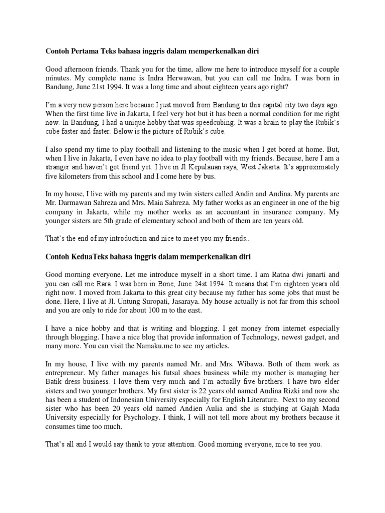 Contoh Pertama Teks Bahasa Inggris Dalam Memperkenalkan Diri | PDF ...