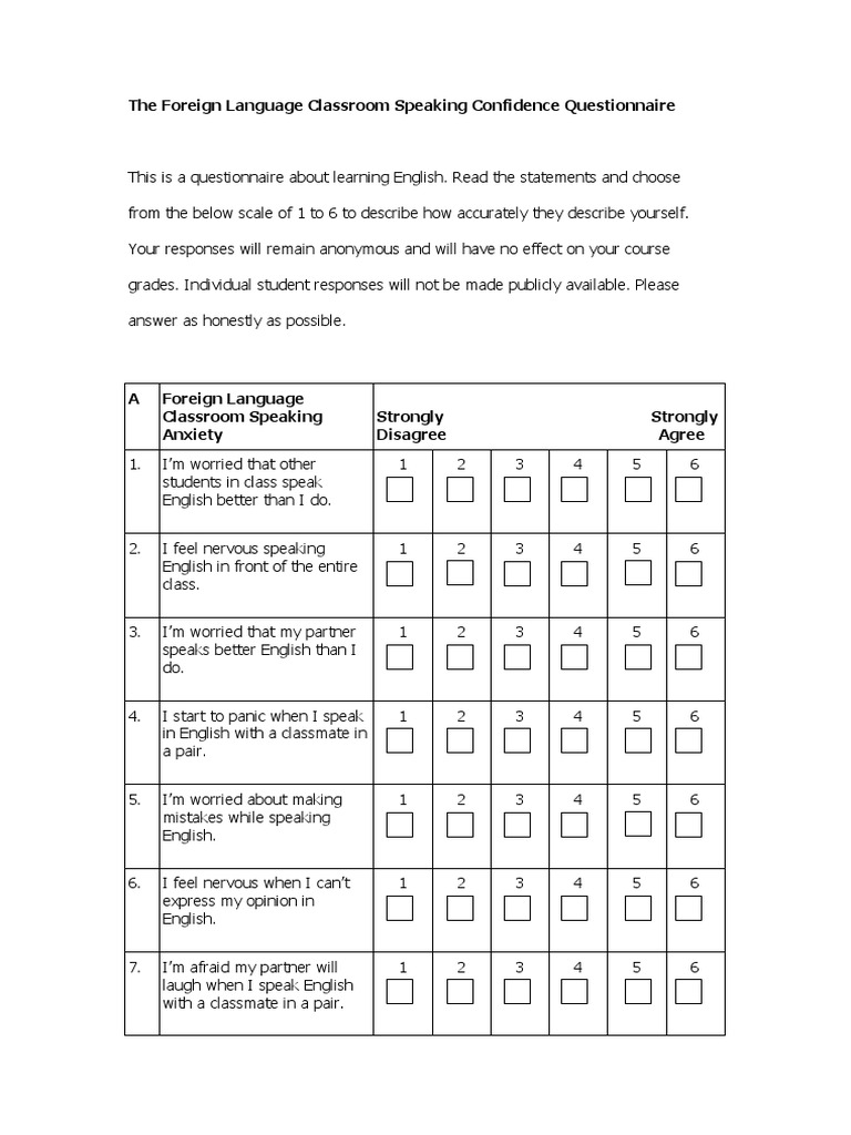 Foreign Language Speaking Confidence Survey | PDF | English Language ...