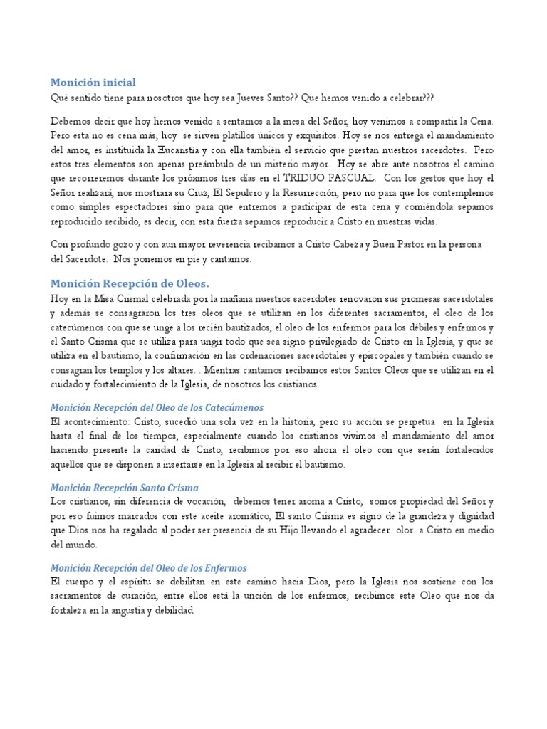 Moniciones Jueves Santo in Coena Domini | PDF | Misa (liturgia) | Cristo (título)