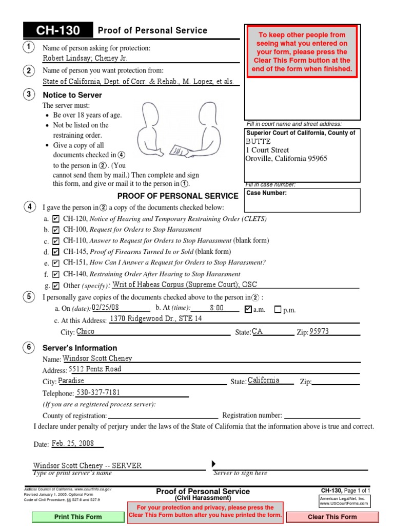 CH-130: Personal Service Proof Form | PDF | Service Of Process ...