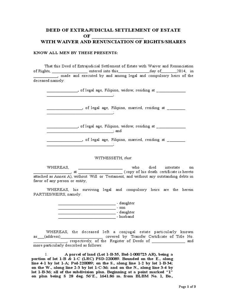 Extrajudicial Settlement Of Estate Template 2 Deed 7 Things You Need