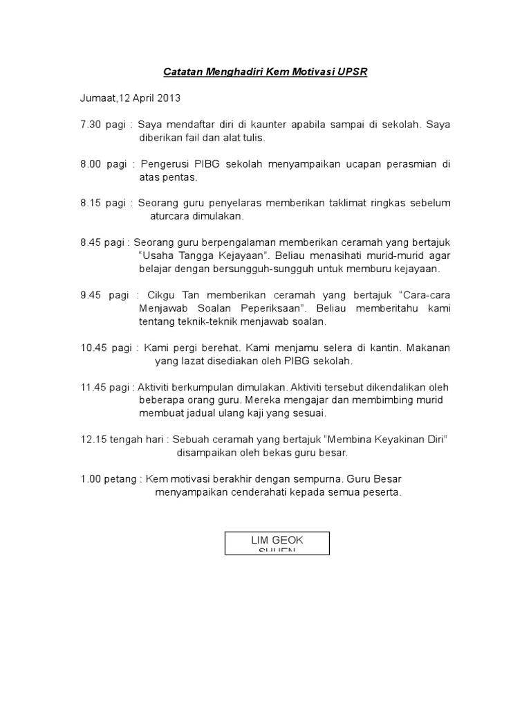 Catatan Menghadiri Kem Motivasi Upsr Pdf