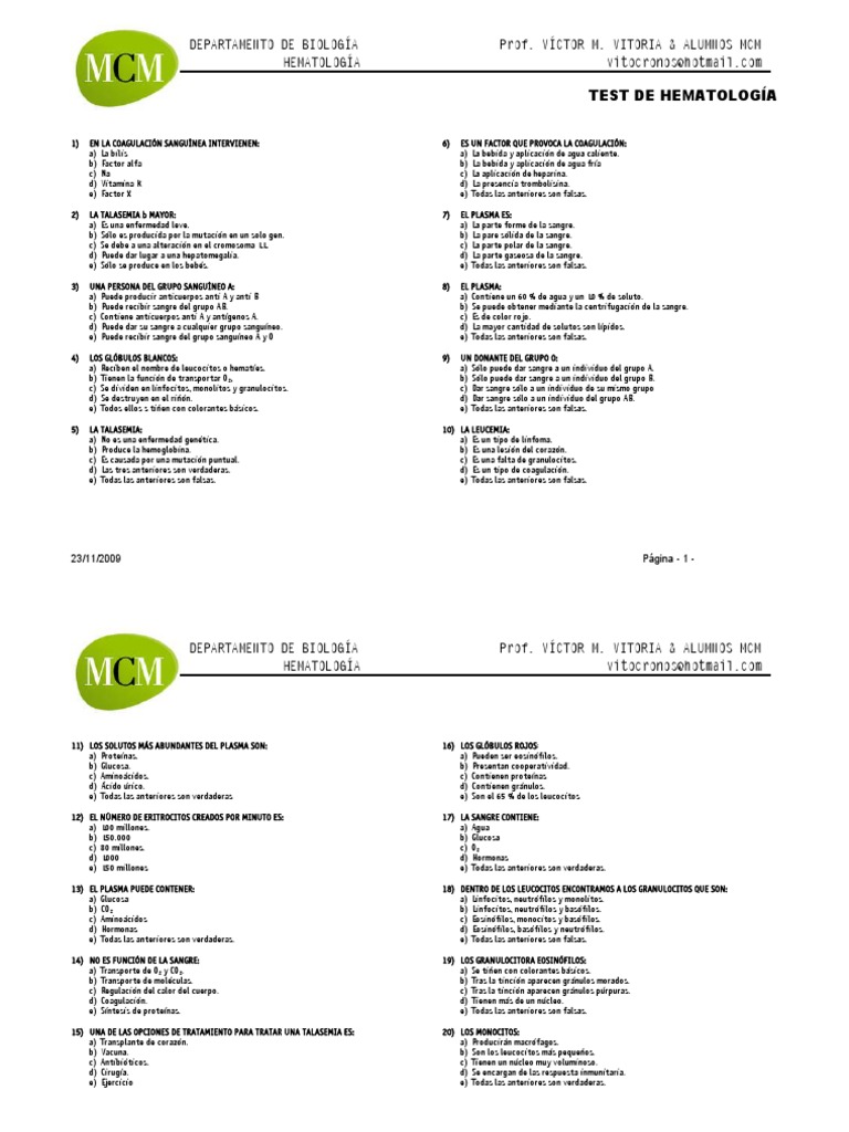 TEST DE HEMATOLOGÍA MÚLTIPLES MCM 1ok | PDF | Sangre | Leucocito