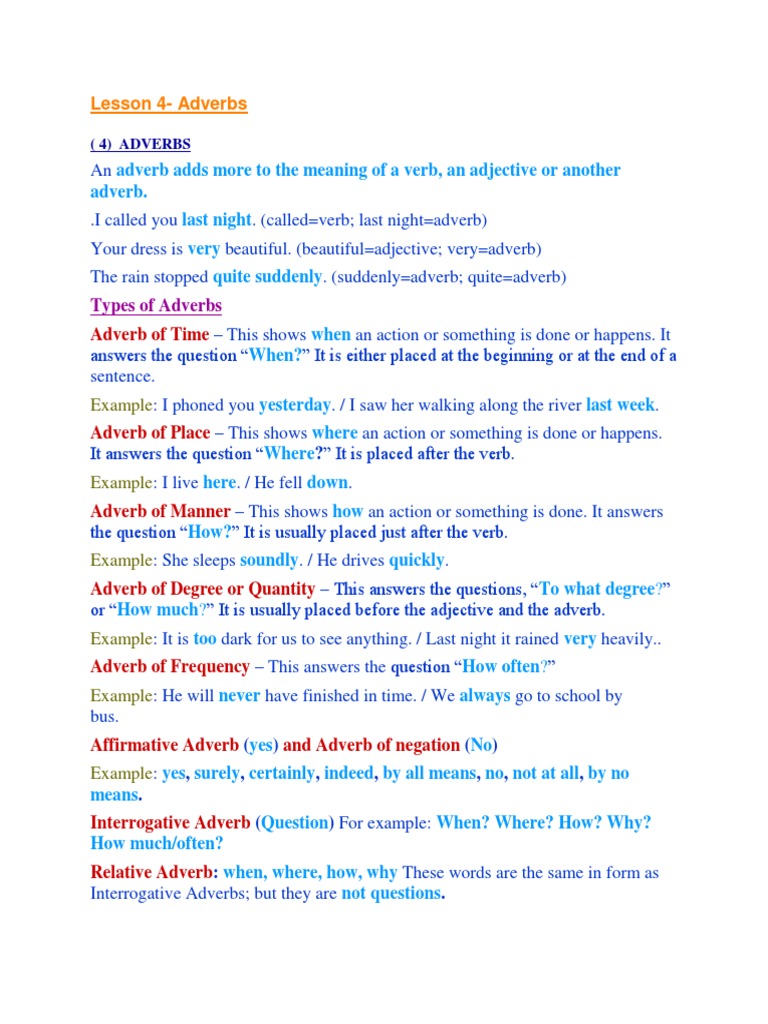 Lesson 4 - Adverbs | Download Free PDF | Adverb | Verb