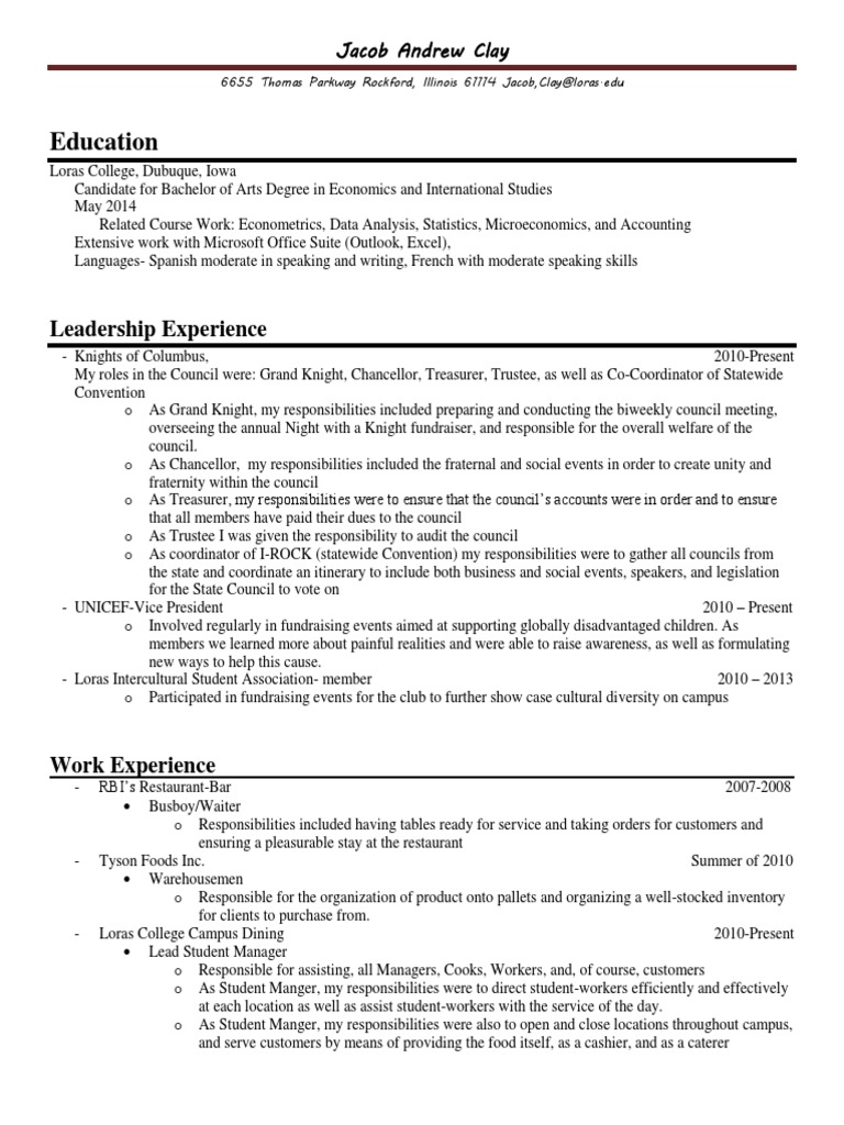 Jacob Clay Resume | PDF | Restaurant And Catering | Business