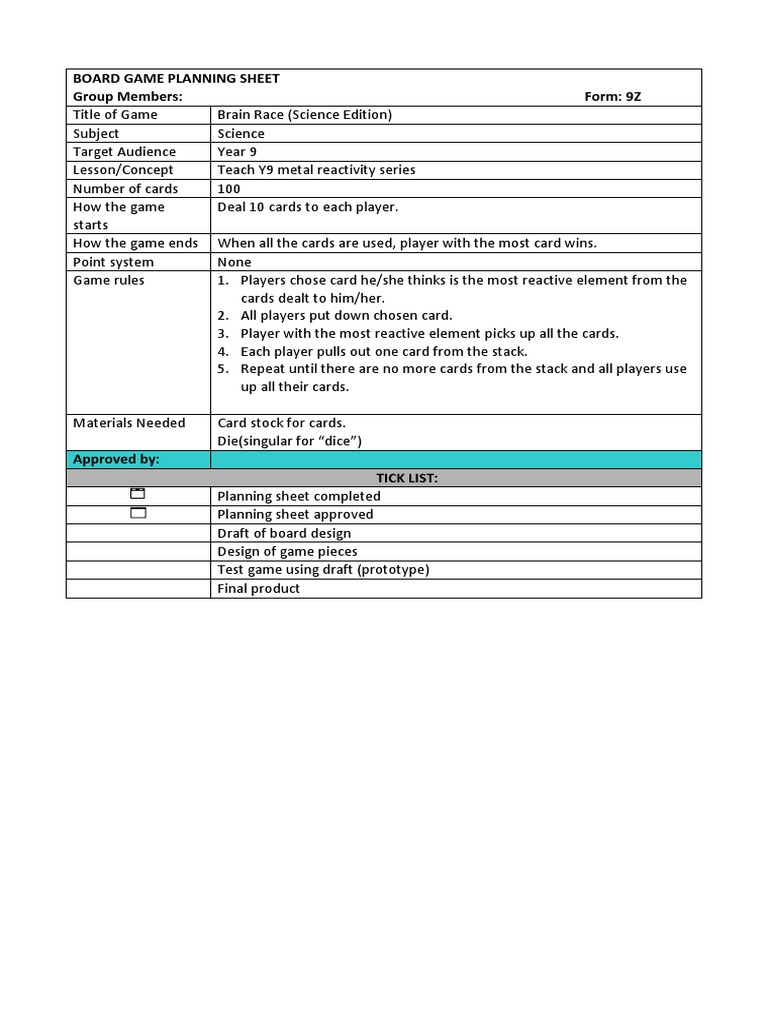 Card Game Planning Sheet Sample | PDF | Games & Activities | Home & Garden