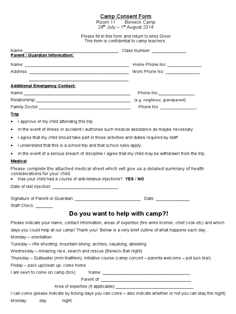 Camp Consent Form: Do You Want To Help With Camp?! | PDF | Leisure | Sports