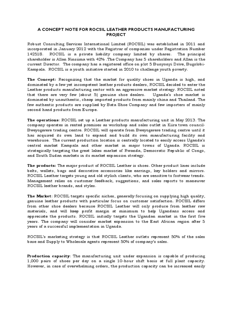 Concept Note ROCSIL Leather Products Manufacturing Project | PDF ...