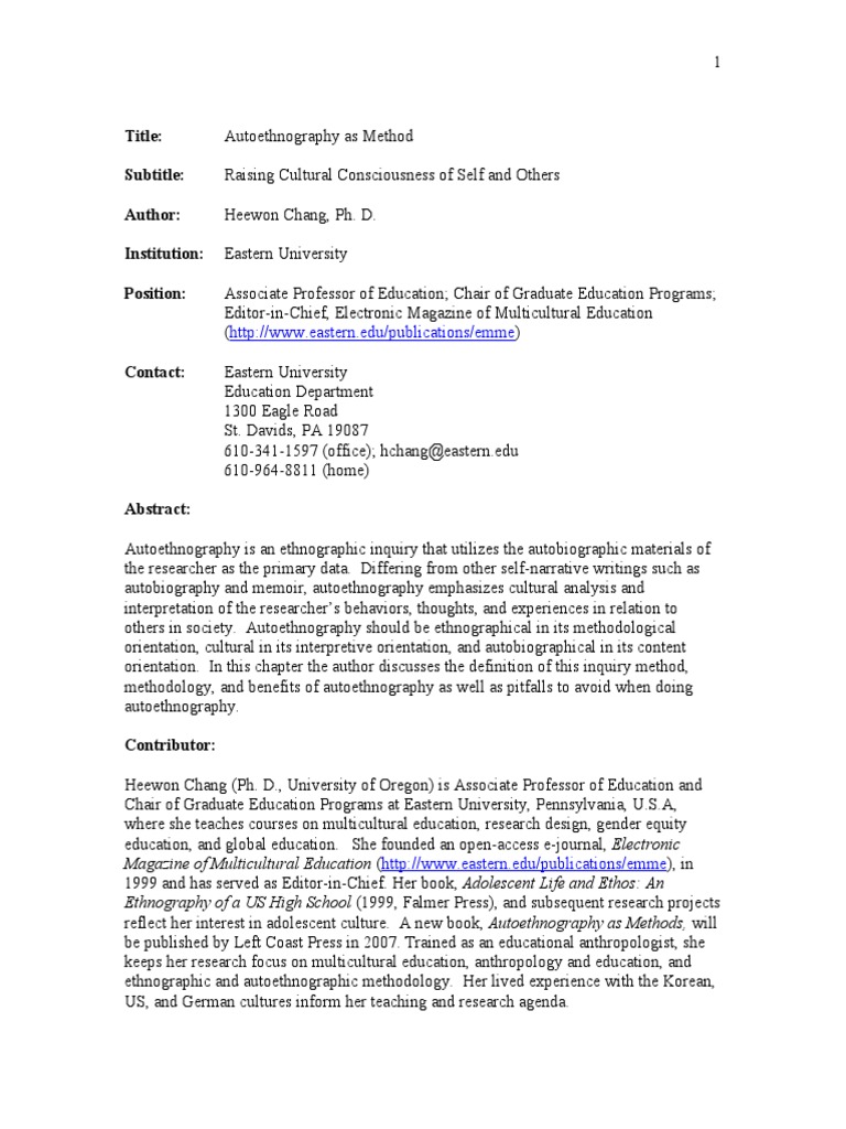 Eng 101- Autoethnography by Chang | Ethnography | Anthropology