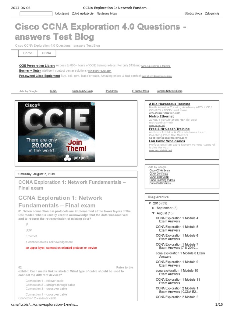 CCNA Exploration 1 - Network Fundamentals - Final Exam - Cisco CCNA Exploration 4.0 Questions ...