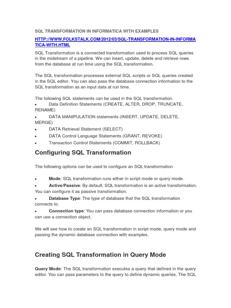 Sql Transformation In Informatica With Examples Pdf Sql Parameter Computer Programming