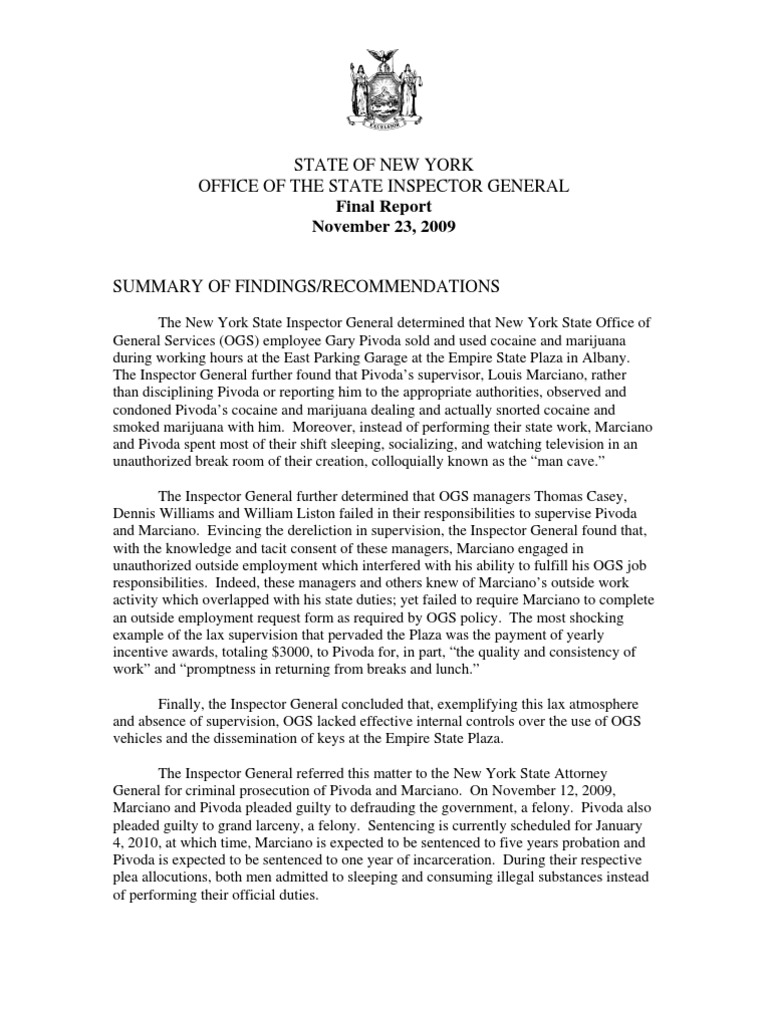 State of New York Office of The State Inspector General: Final Report ...