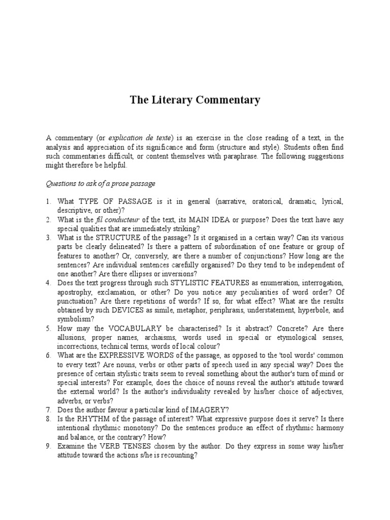 The Literary Commentary: Questions To Ask of A Prose Passage | PDF ...
