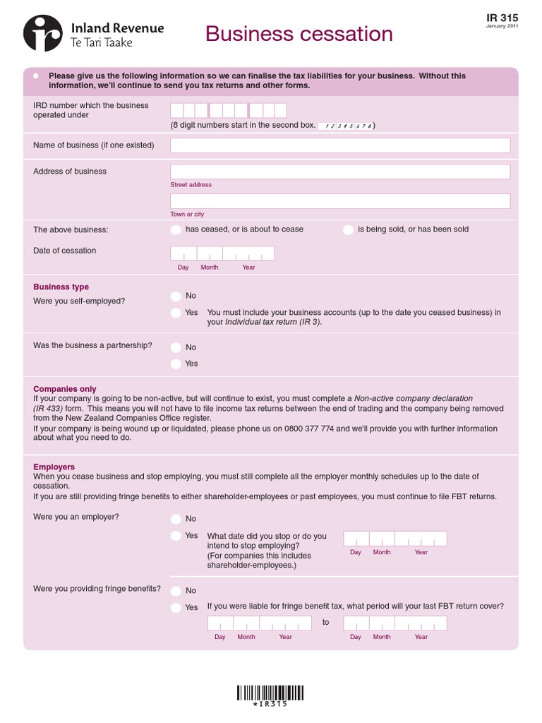 Business Cessation Form IR315 | PDF | Tax Return (United States ...