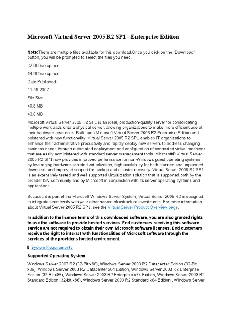 Microsoft Virtual Server 2005 R2 SP1 - Enterprise Edition | PDF ...