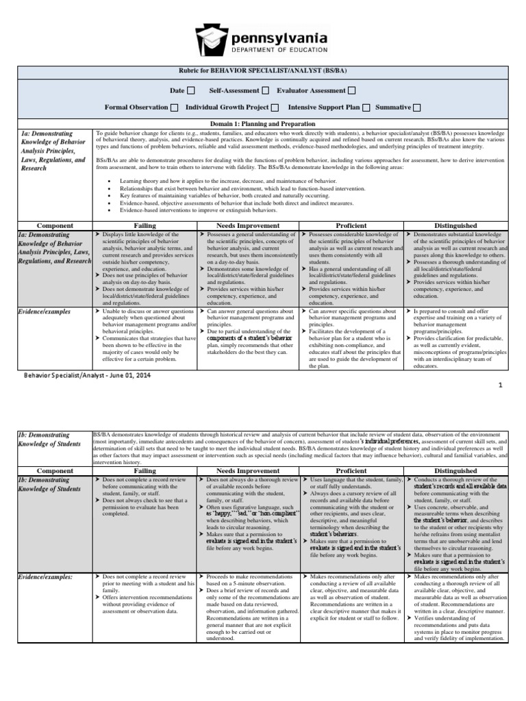 Behavior Specialist Rubric 6-01-14 | PDF | Evidence Based Practice ...