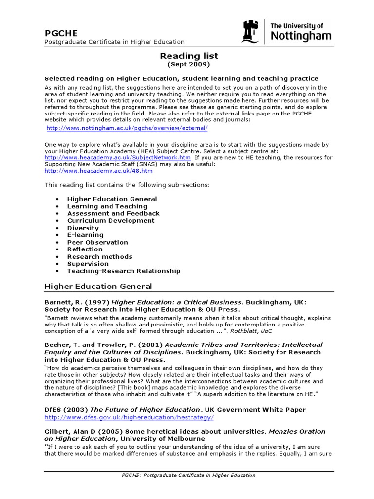 PGCHE Resources Reading List - Uni Nottingham | PDF | Educational ...