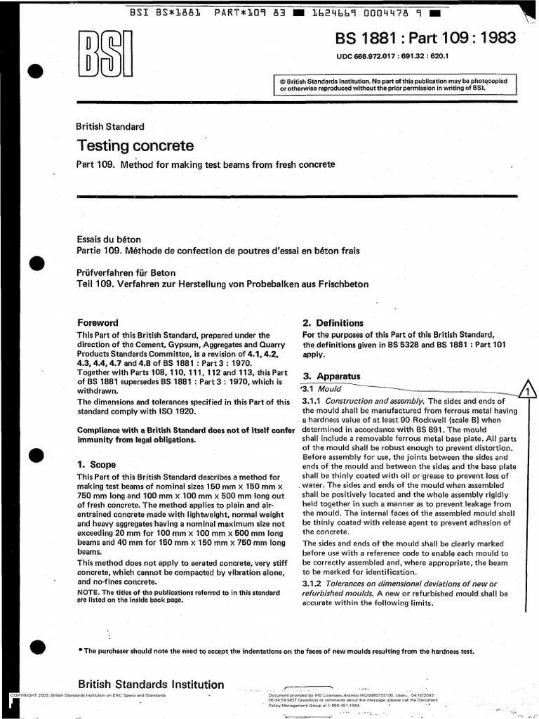 Bs 1881-Part-109 Concrete Making Test Beams From Fresh Con | PDF ...