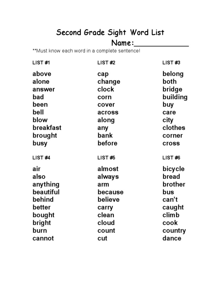Second Grade Sight Word Lists | PDF