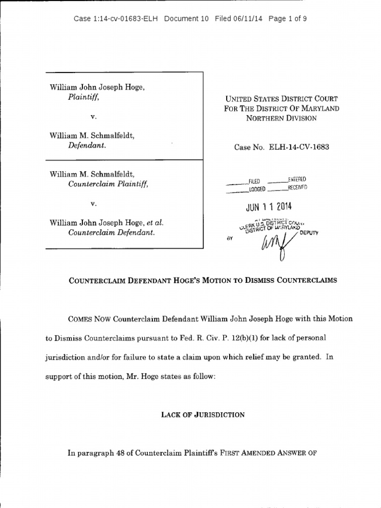 Hoge's Motion to Dismiss Counterclaims | PDF | Cause Of Action | Lawsuit