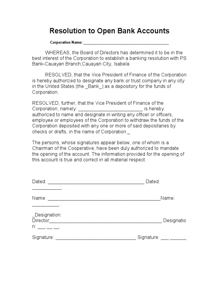 Bank Account Opening Resolution Template | PDF