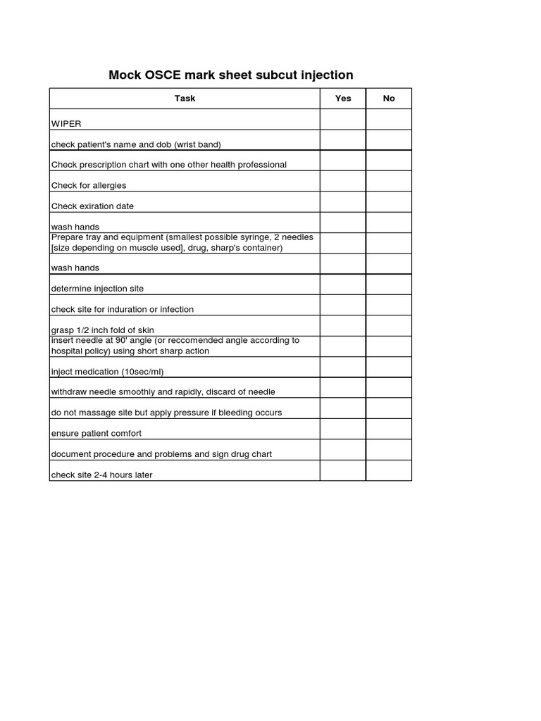 Subcut Mock Osce Mark Sheet | PDF