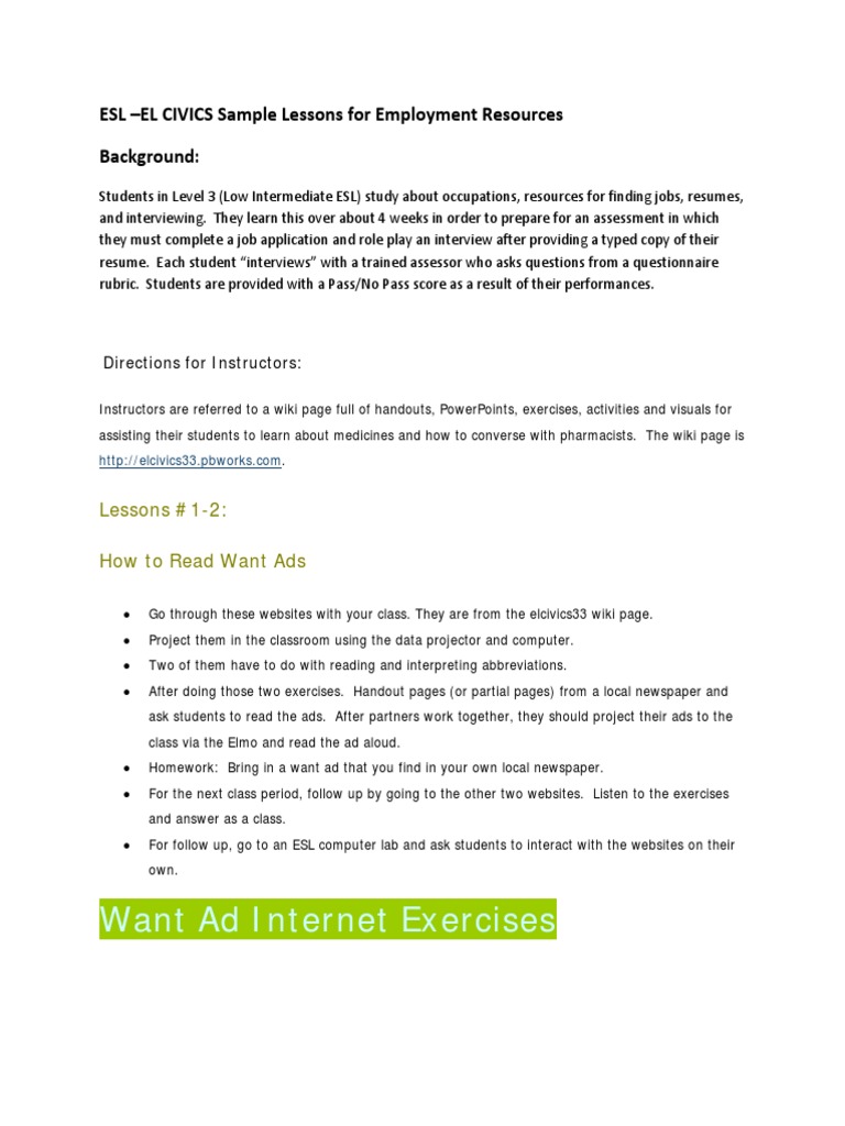 Esl El Civics Lesson Sample 1 | PDF | Vocabulary | Interview