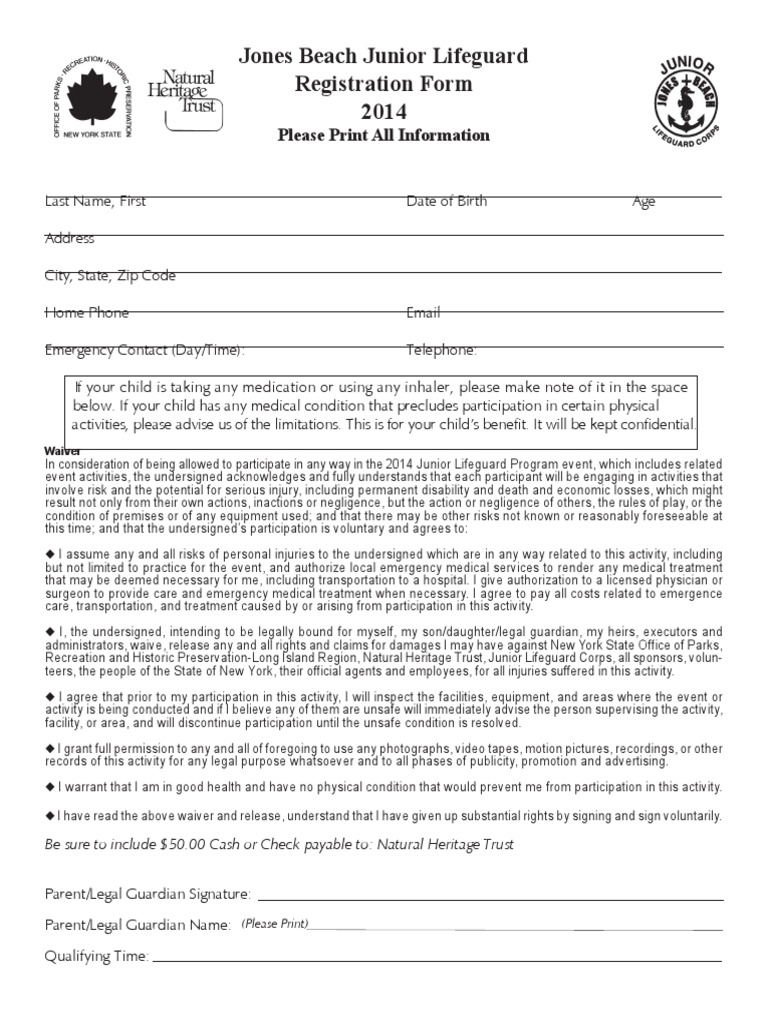 Junior Lifeguards 2014 Registration Form | PDF | Negligence | Service ...