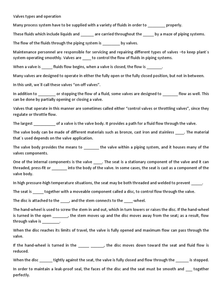 Valves Types and Operation Worksheet | PDF | Valve | Plumbing