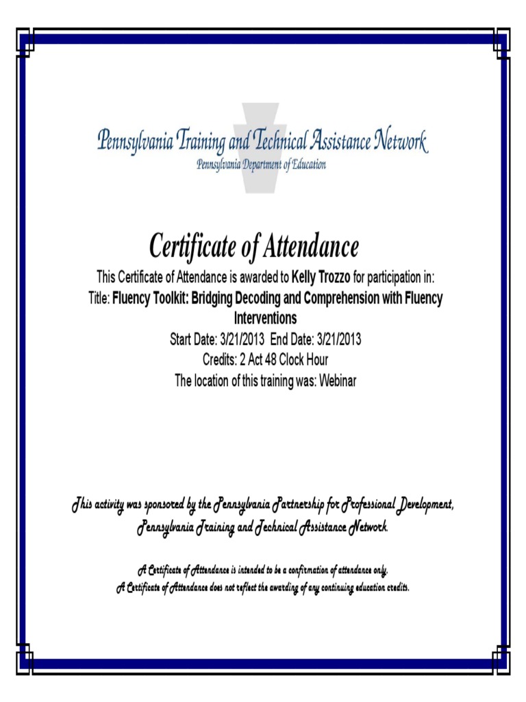 Certificate of Attendance for Fluency Toolkit | PDF