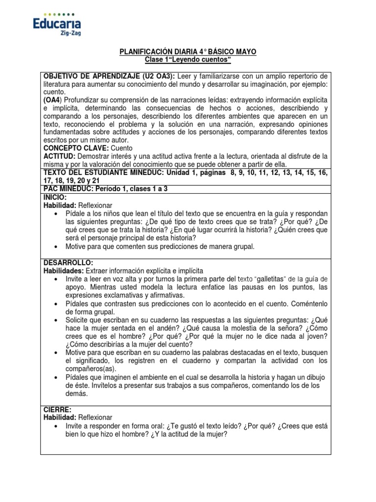 Planificacion diaria Lenguaje 4° Basico mayo | PDF | Lectura (proceso) | Cuentos