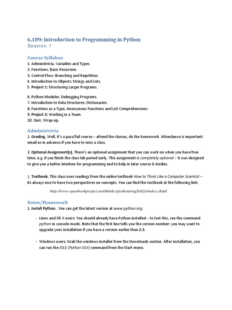 6.189: Introduction To Programming in Python: Course Syllabus | PDF ...